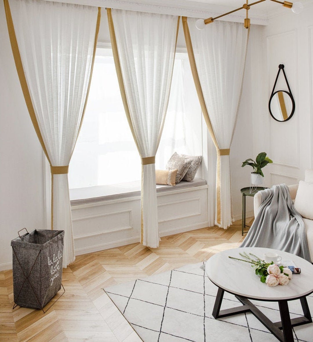 Pure White Linen Texture Sheer Curtain With Colored Trim Grand Luxury ...