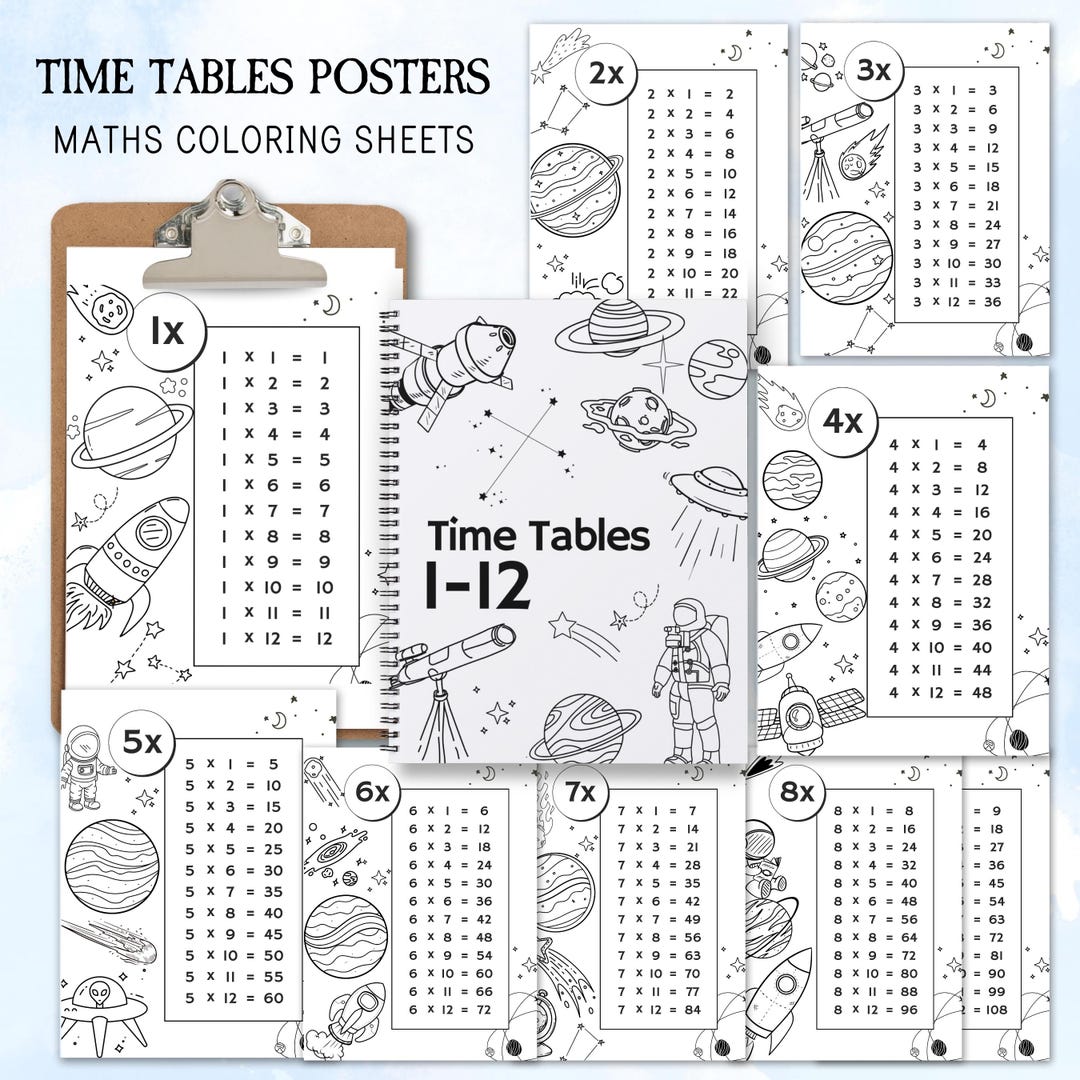 Space Theme Times Tables Posters 1-12, Kids Math Coloring Sheets ...