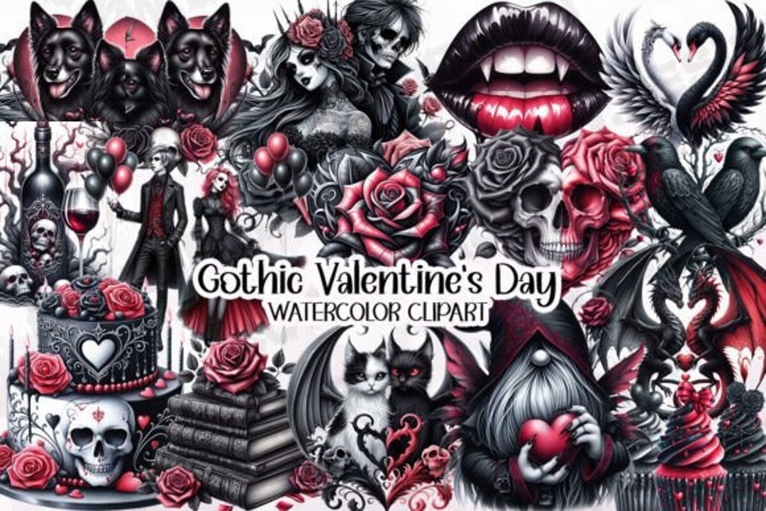Gothic Valentine's Day Clipart: PNG Sublimation Graphics (digital ...