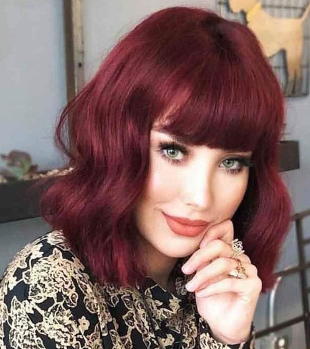 Wine Red Bob Wig: 14" Shoulder Length Synthetic Wig With Bangs - Etsy
