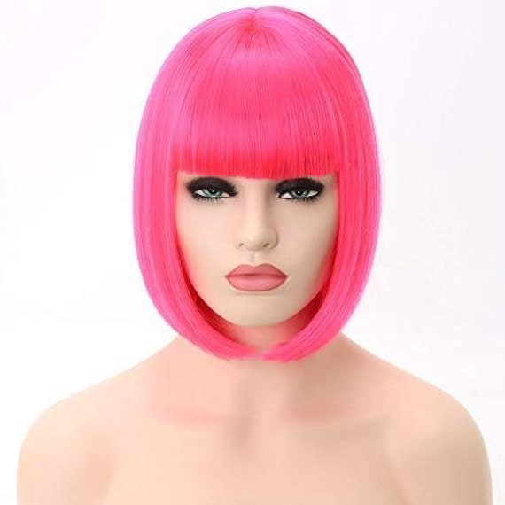 Hot Neon Pink Straight Bob With Straight Bangs Hand Dyed | Etsy