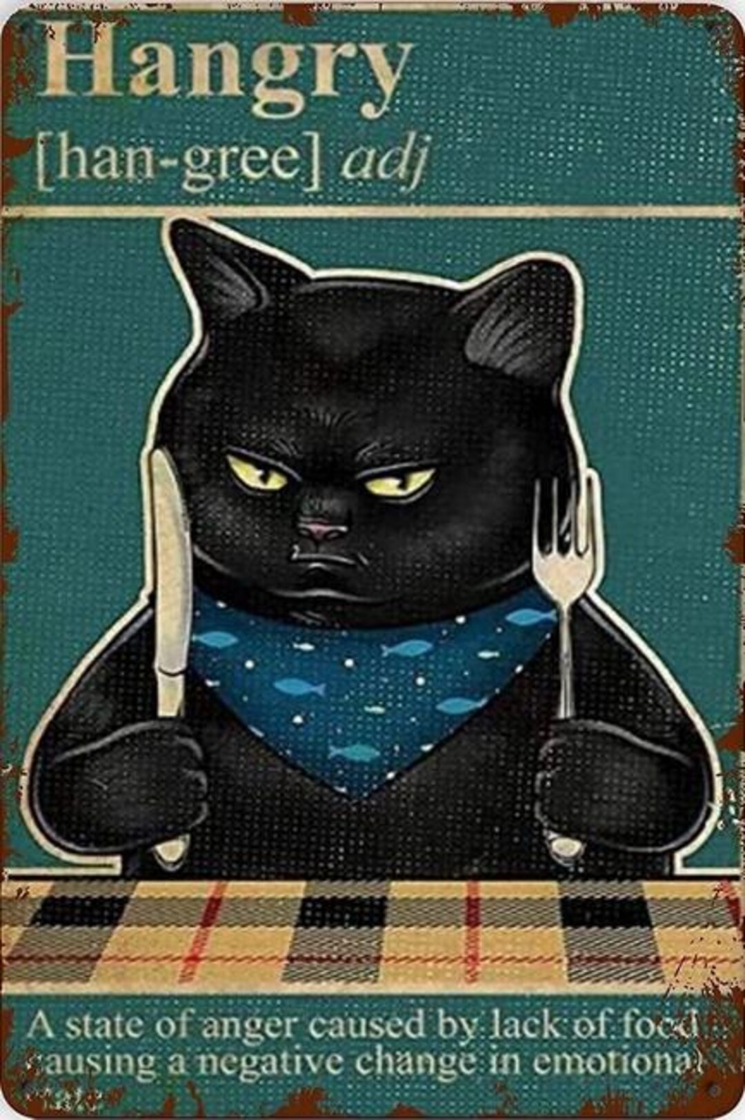 Black Cat Hangry Kitty Hungry Black Cat & Utensils Rustic Vintage Style ...