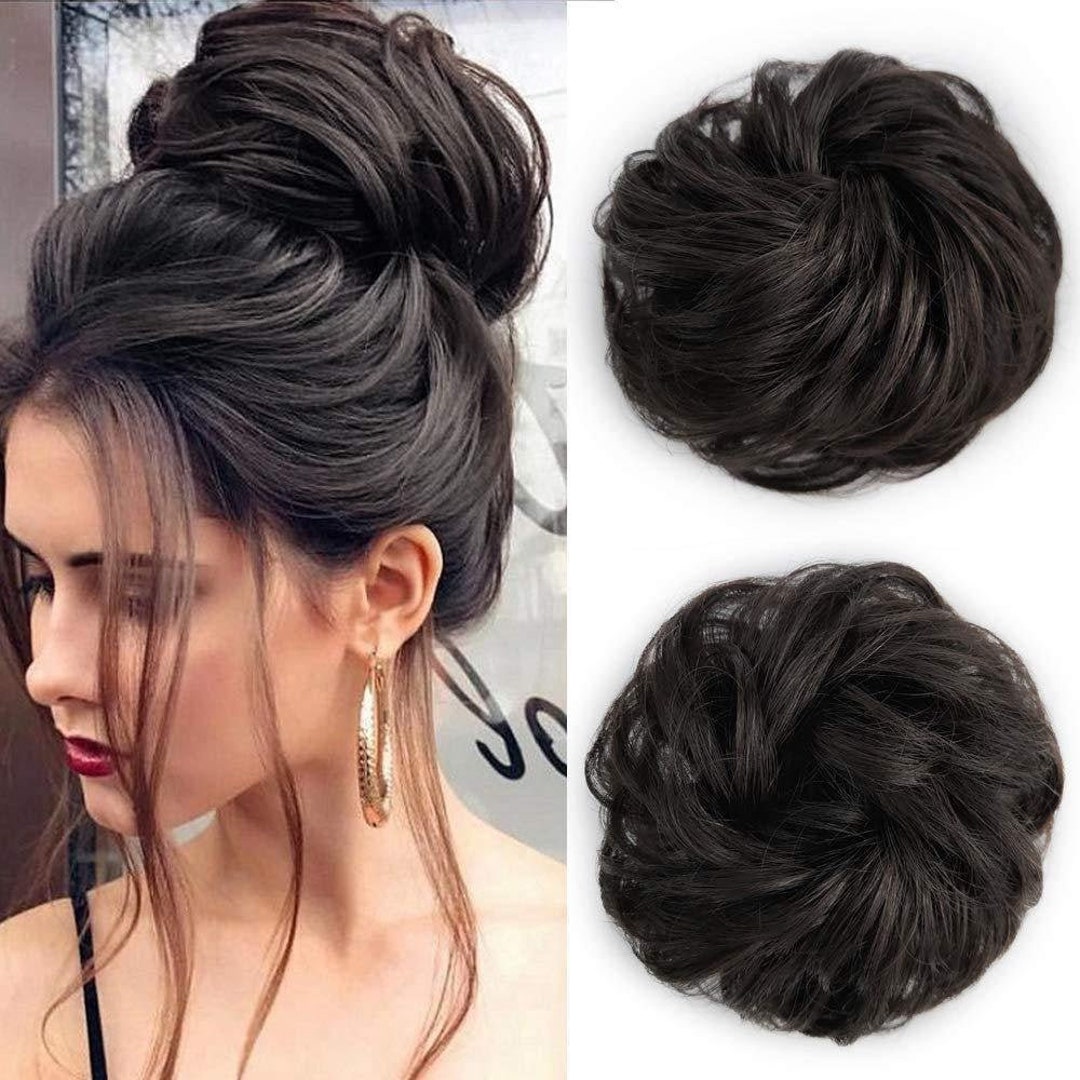 100% Brazilian Human Hair Curly Messy Bun Scrunchie Updo Hairpiece Add ...