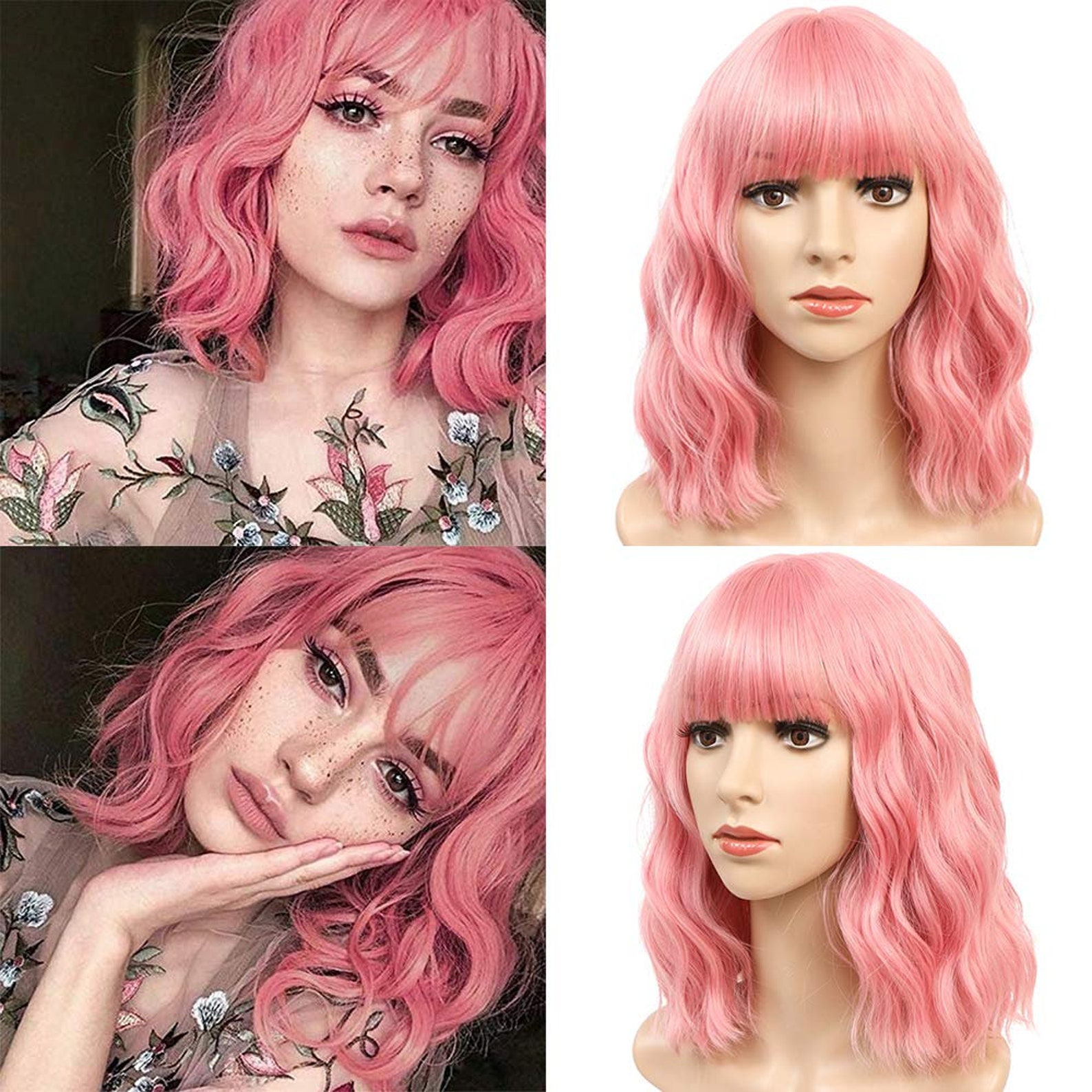 Trendy Wig Dusty Rose Pink Wavy Wig With Bangs Hand Dyed Etsy