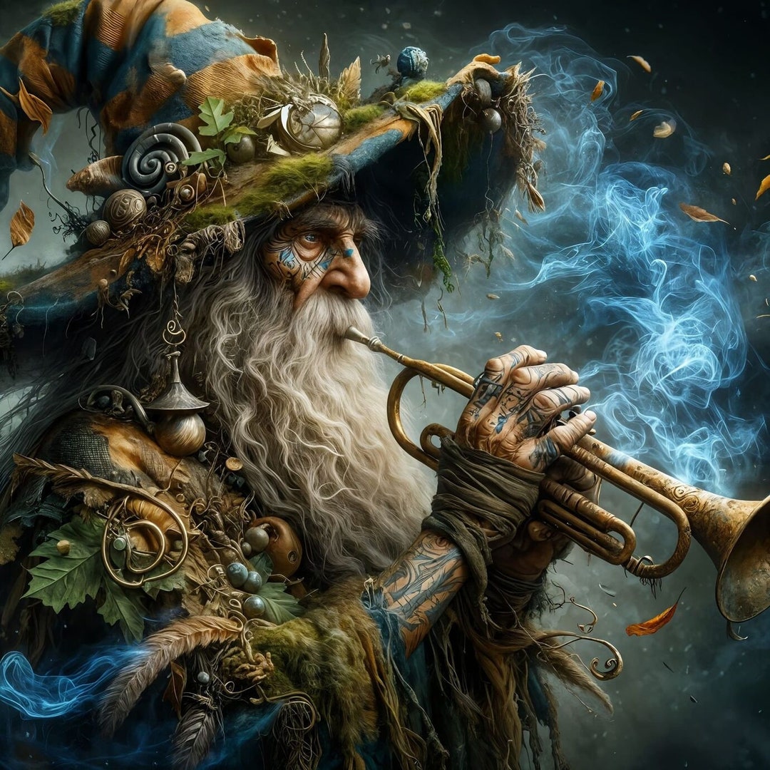 Wizard Playing Natures Song on a Trumpet Symbol Unique Hand Crafted One ...