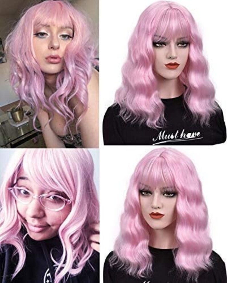 Pink Pastel Wavy Shoulder Length Wig With Air Bangs Trendy Etsy