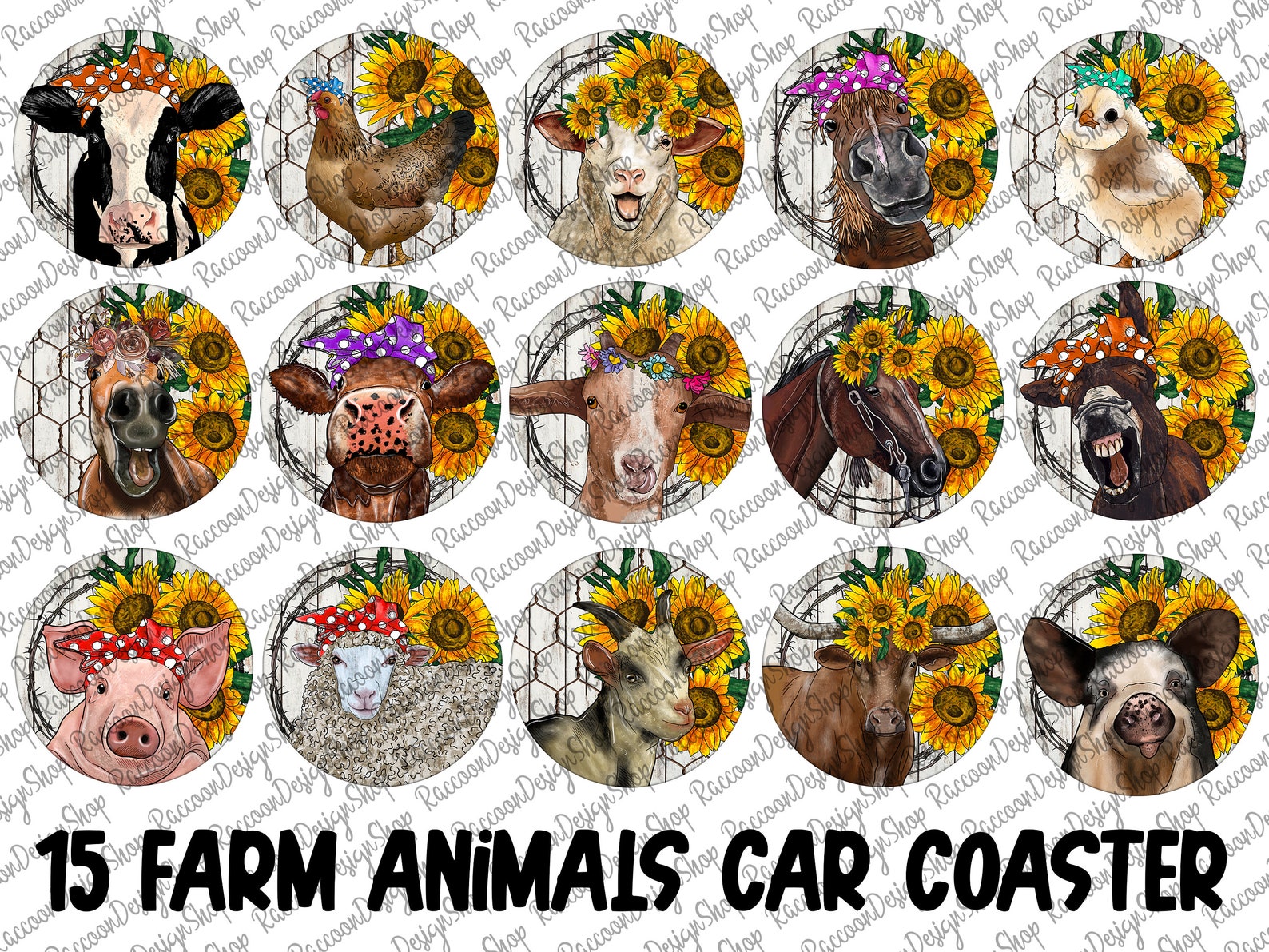 Farm Animals Coaster Bundle Templates Design Bundle Cow PNG - Etsy