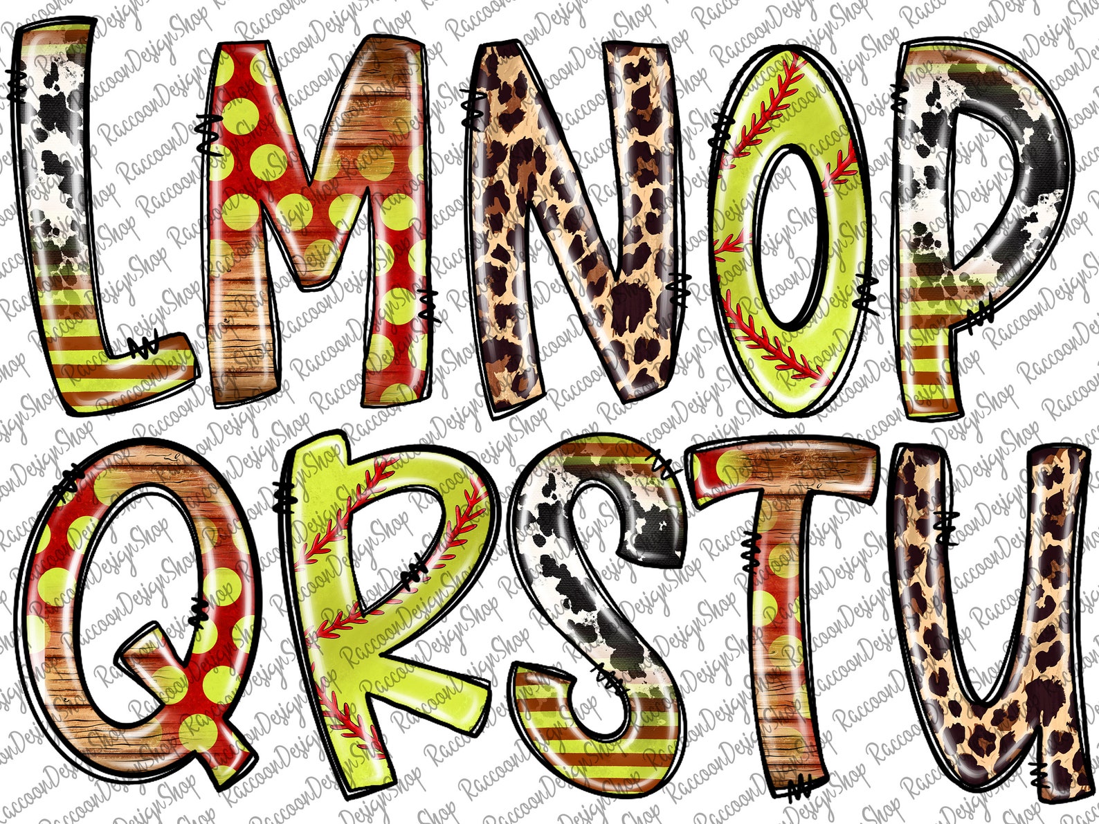 Softball Letters PNG With Leopard and Ball Stitching Background Pattern ...