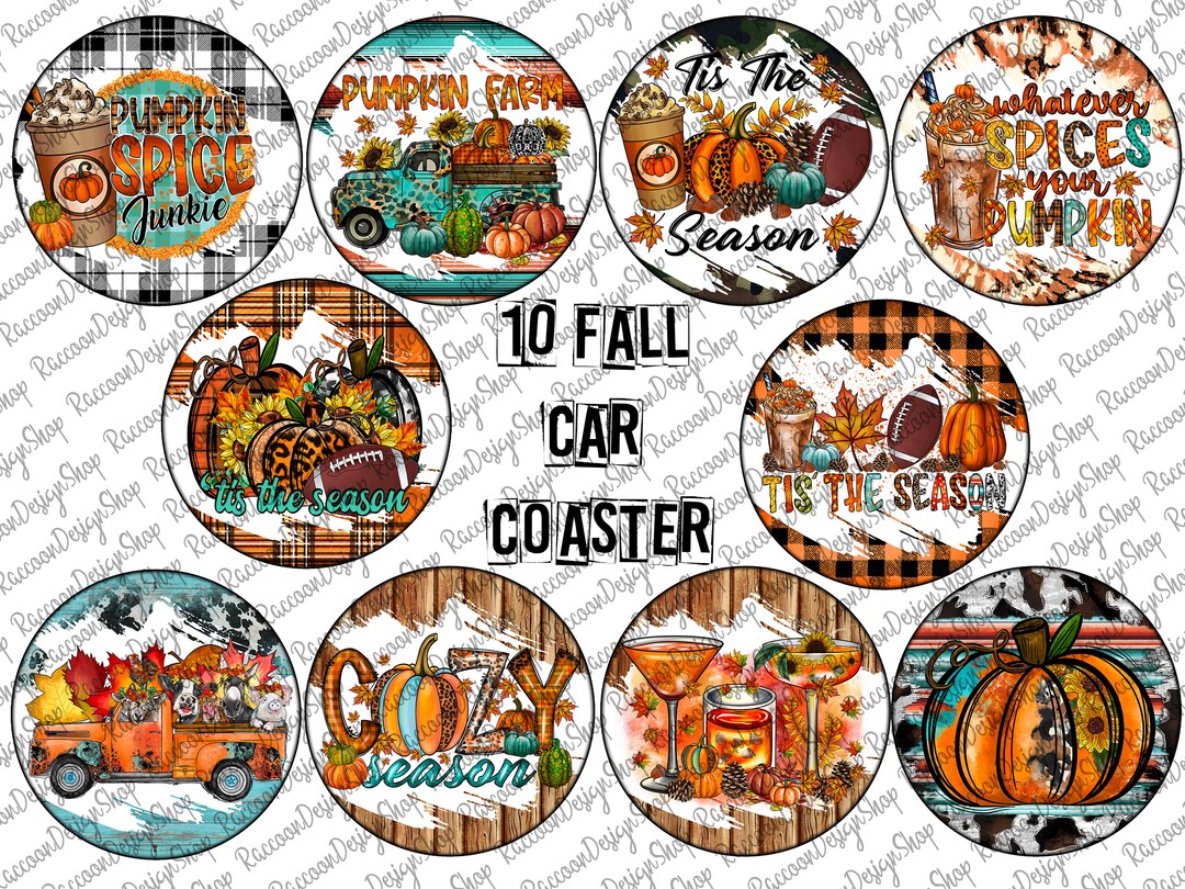 Fall Car Coaster Bundle Templates Design Bundle Cow PNG, Pumpkin Round ...