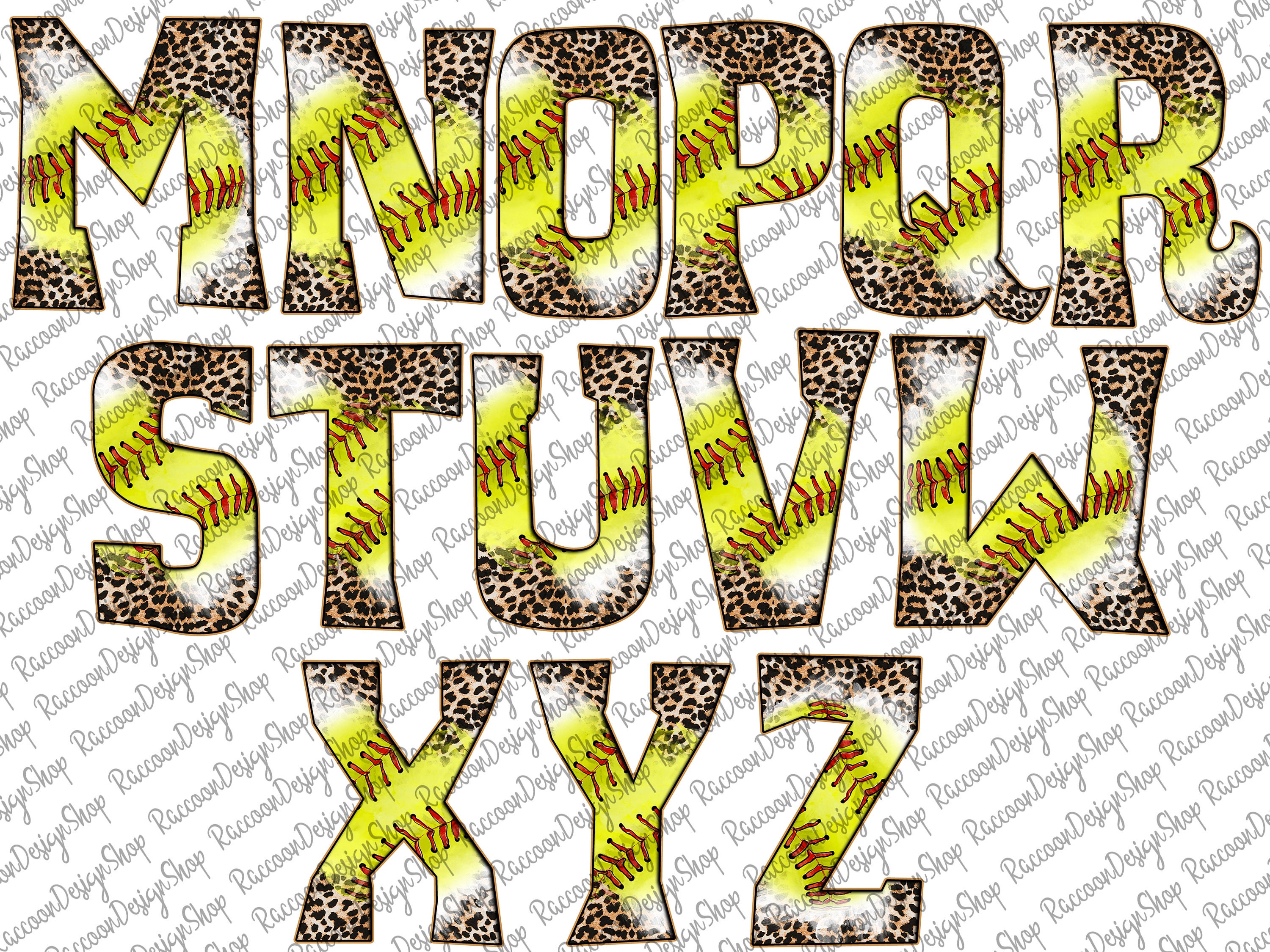 Softball Letters PNG With Leopard and Ball Stitching Background Pattern ...