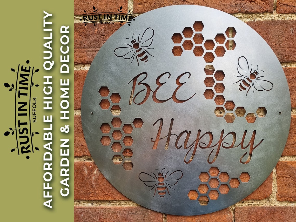 BEE HAPPY Metal Wall Sign Rusty Metal Garden Art Bumblebee | Etsy UK