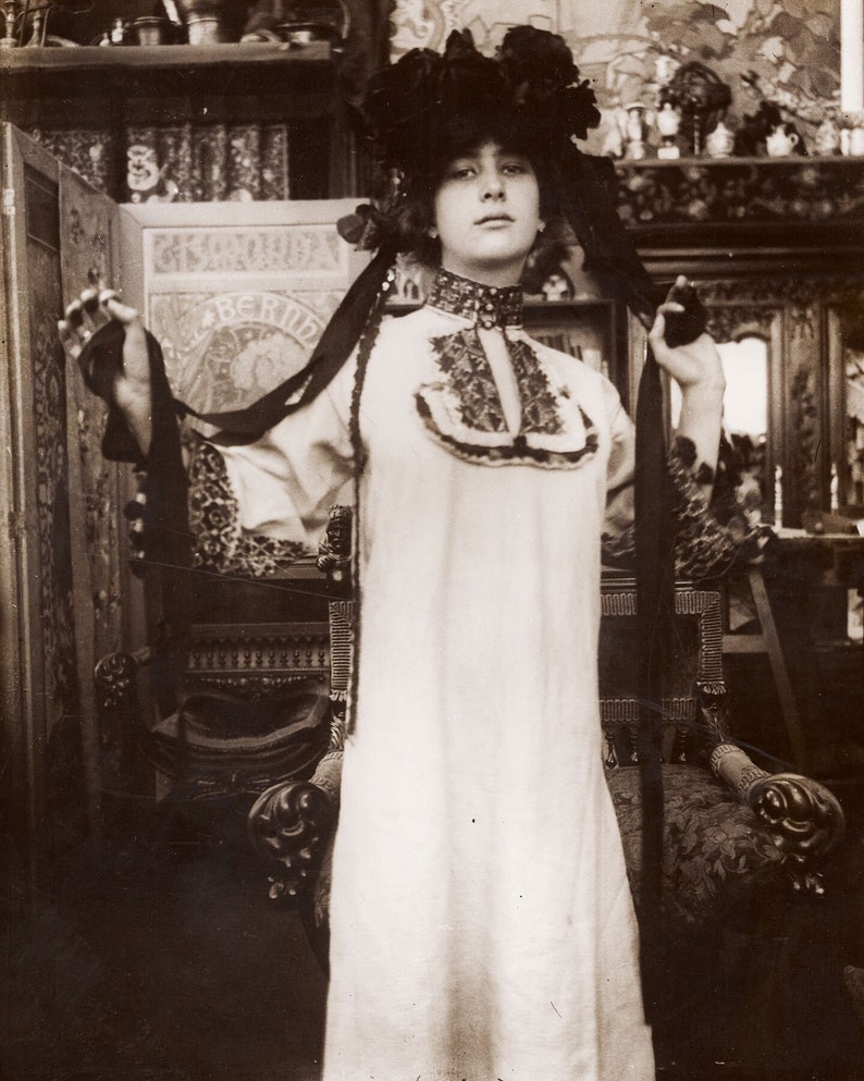 Female Model in a Long White Robe and a Hat With Ribbons, Paris by ...