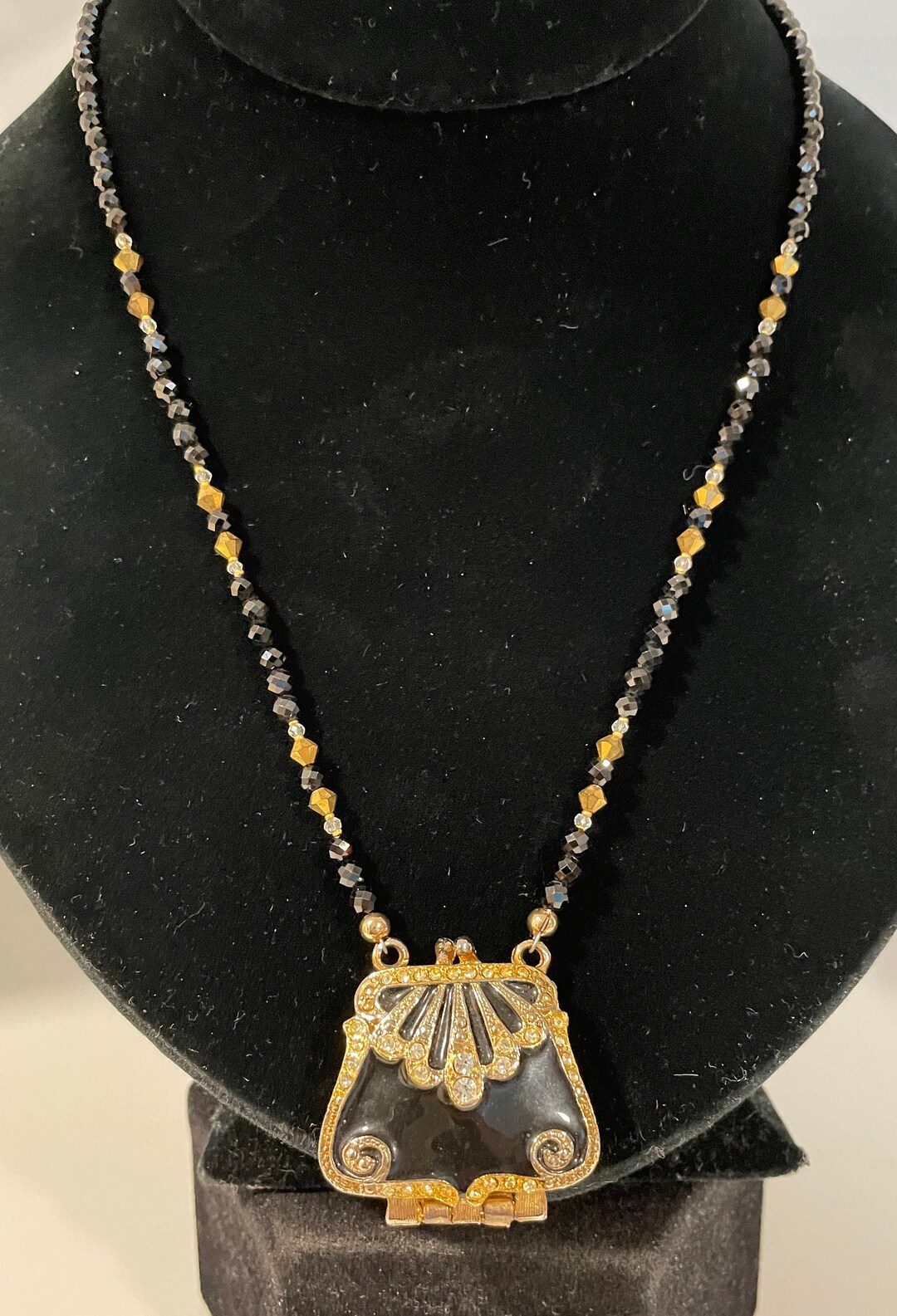 Vintage Enamel Locket and Black Spinel Necklace - Etsy