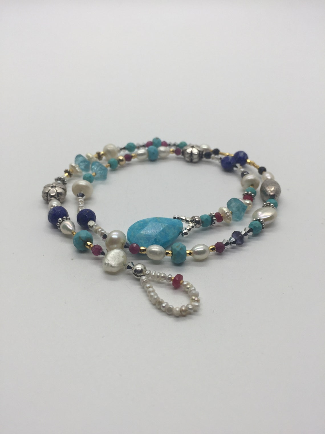 Turquoise, Ruby, Apatite and Sapphire Lariat - Etsy