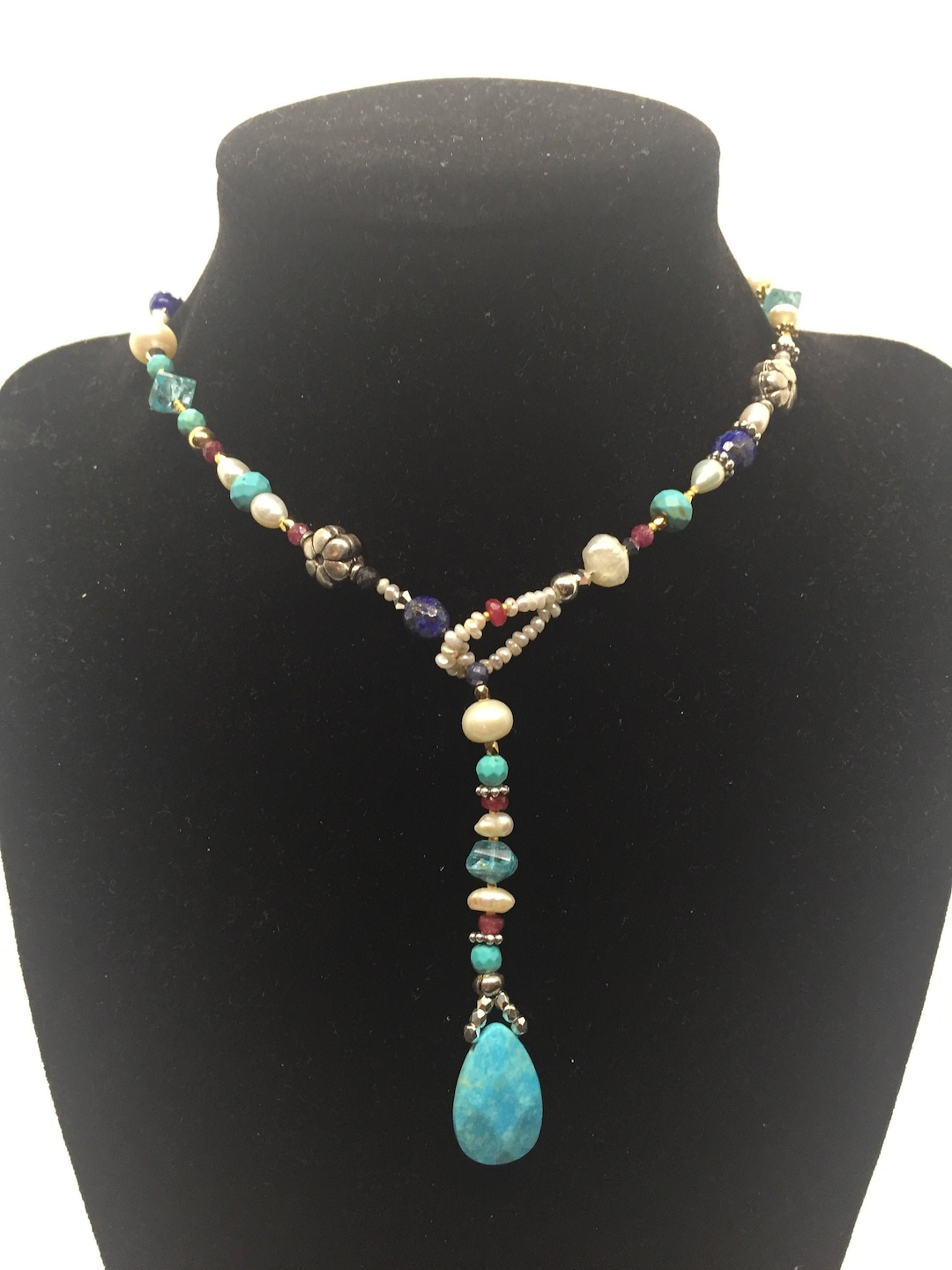 Turquoise, Ruby, Apatite and Sapphire Lariat - Etsy