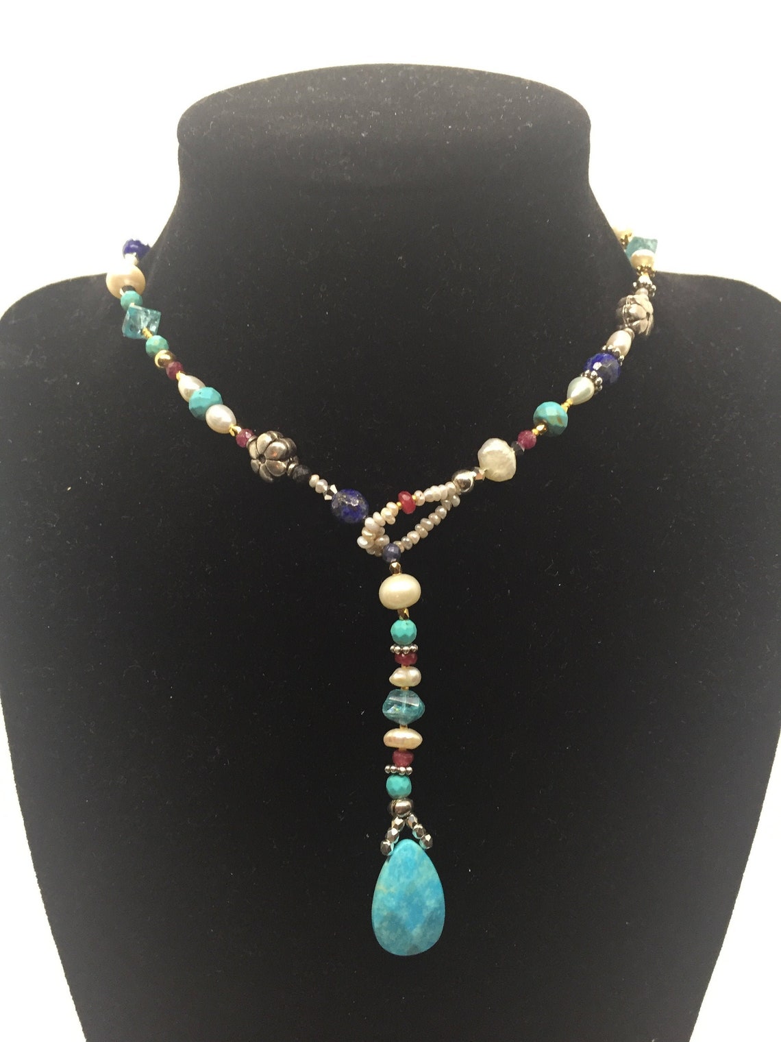 Turquoise, Ruby, Apatite and Sapphire Lariat - Etsy