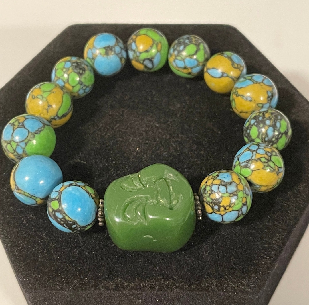 2 Faced Jade Buddha Bead and Matrix Turquoise Bracelet - Etsy