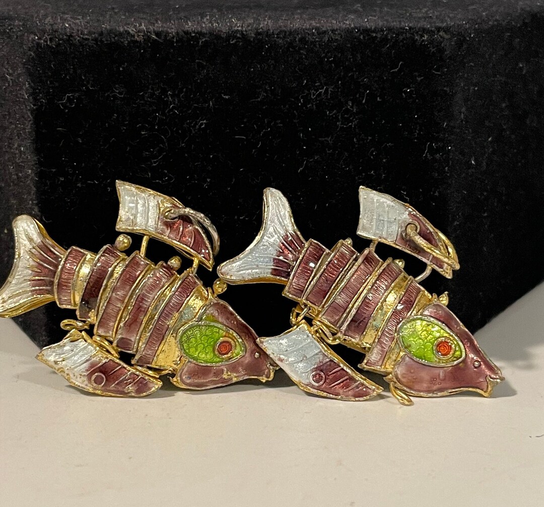 Pair of Brass & Enamel Articulated Fish Pendants - Etsy