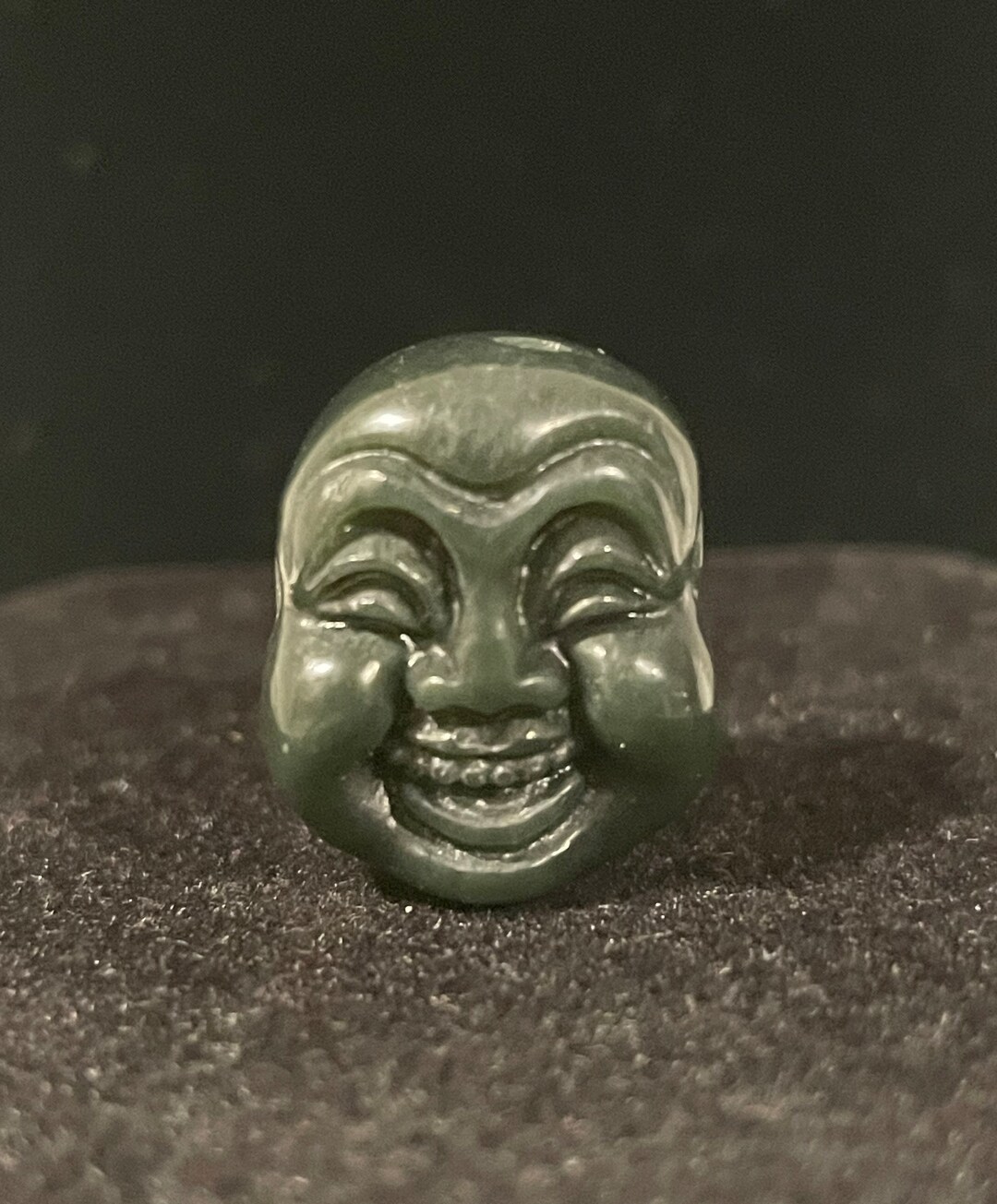 Dark Green Hetian Jade 2 Faced Happy Buddha Beads. Hand Carved Vintage ...