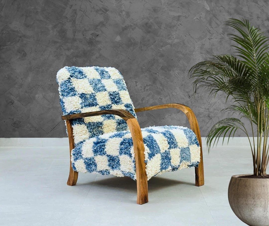 Handmade Moroccan Lounge Chair Beni Ourain Wool, Solid Wood Frame, Boho ...