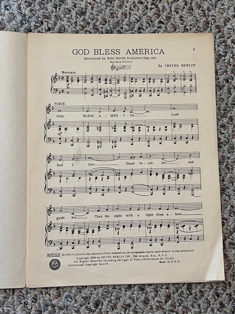 God Bless America Sheet Music Irving Berlin, 1939 Printing - Etsy