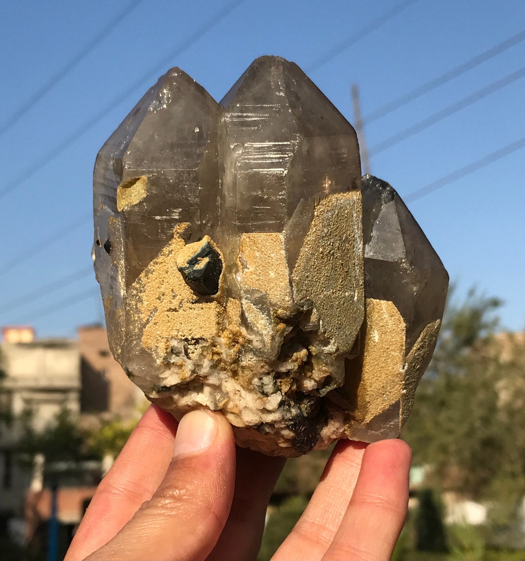 Smokey Quartz Crystals Bunch With Green Cap Tourmaline Crystal ...