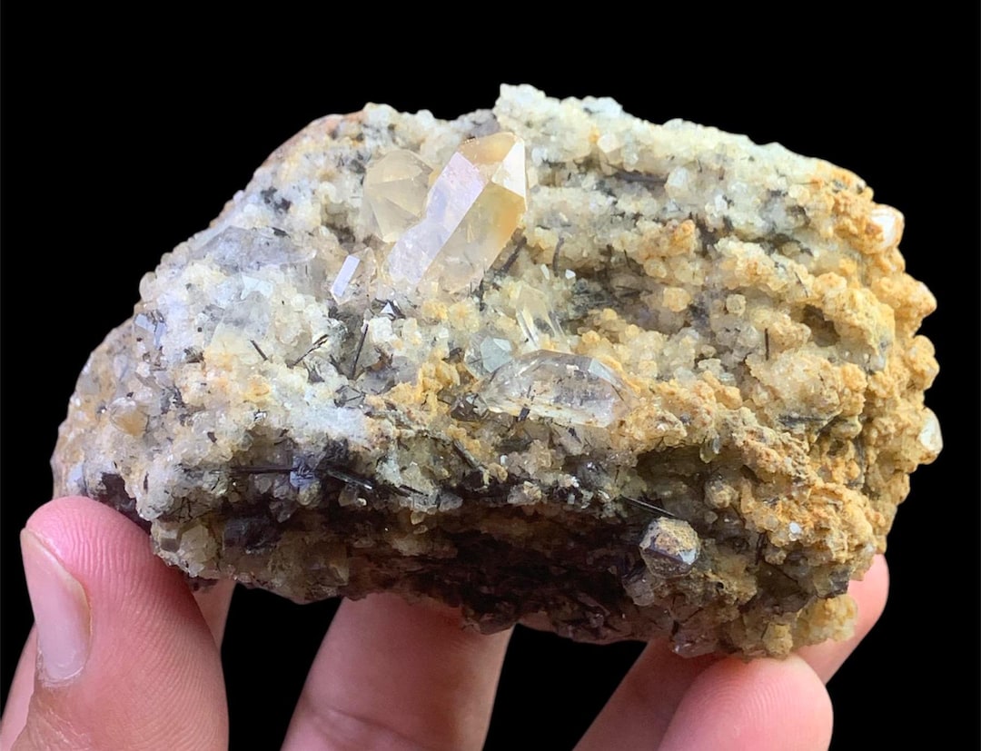 Amphibole Quartz Crystals Sitting on Matrix With Rutile Crystals ...
