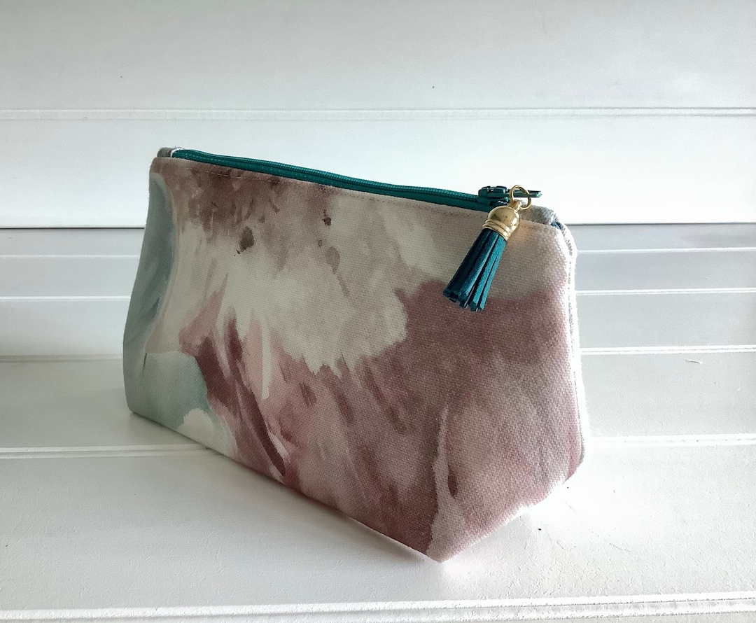Dusky Pink and Blue Flat Bottomed Floral Design Make-up Bag, Cosmetic ...