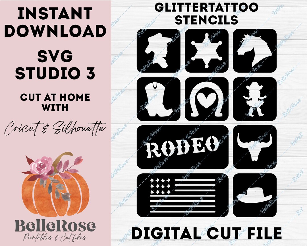 12 Sizeable Glittertattoo Stencils SVG Stencil RODEO Cowgirl Cowboy ...