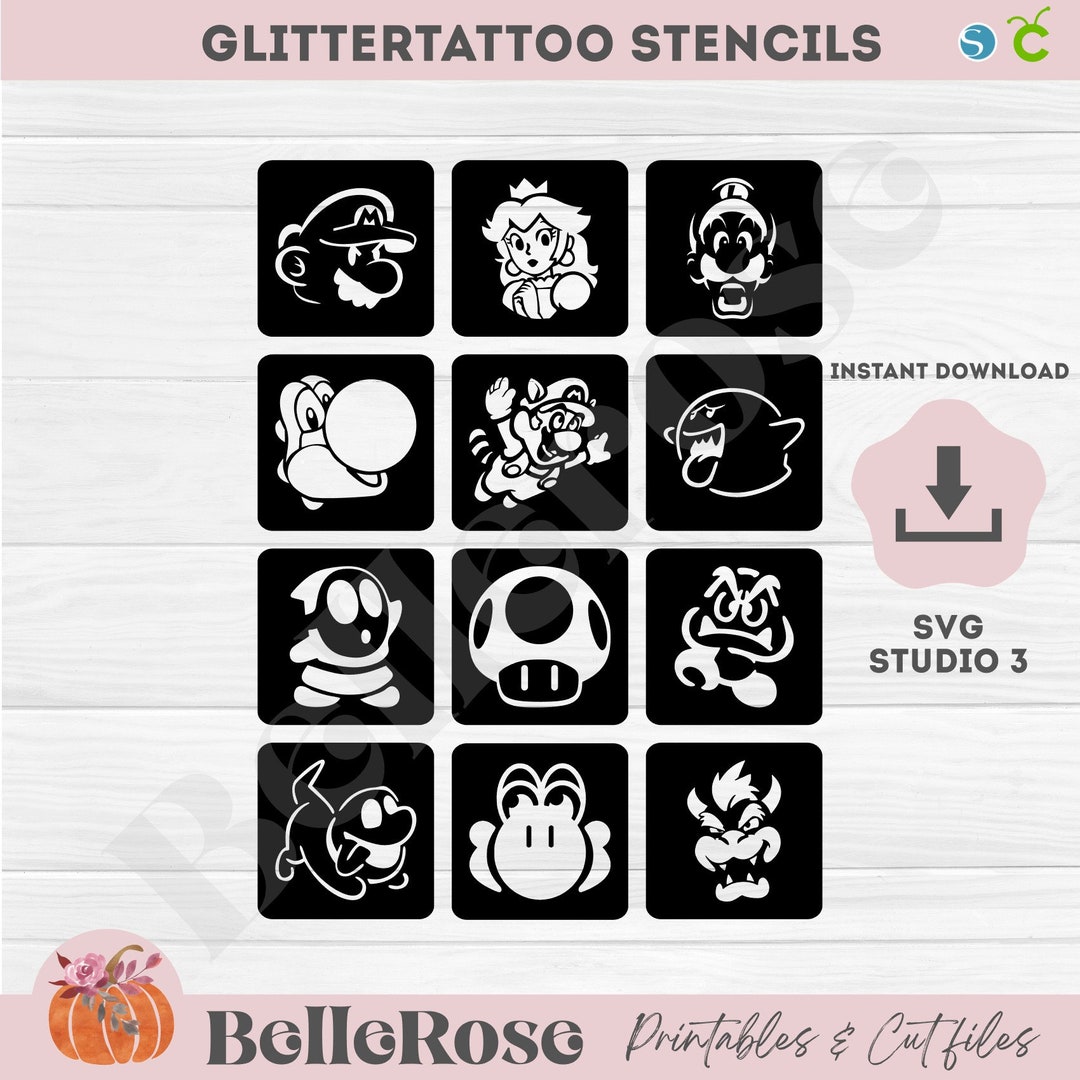 12 Sizeable Glittertattoo Stencils SVG Stencil Mario Yoshi Gaming ...