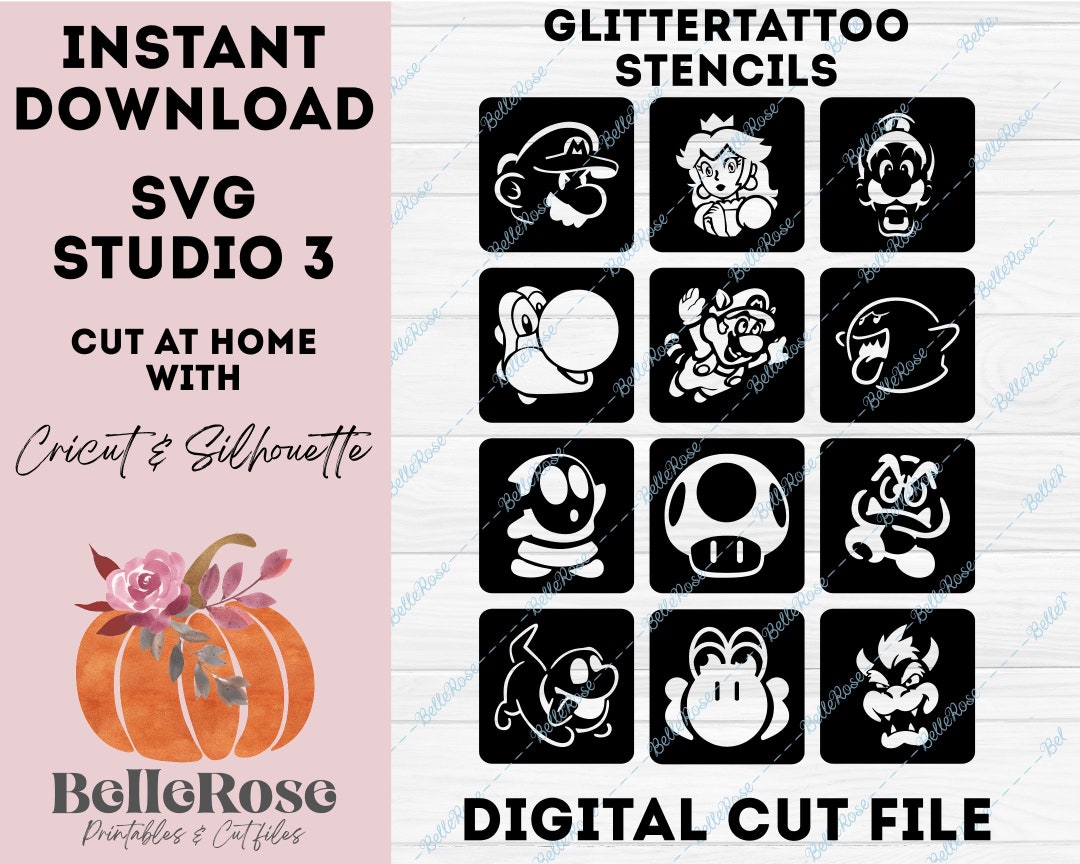 12 Sizeable Glittertattoo Stencils SVG Stencil Mario Yoshi Gaming ...