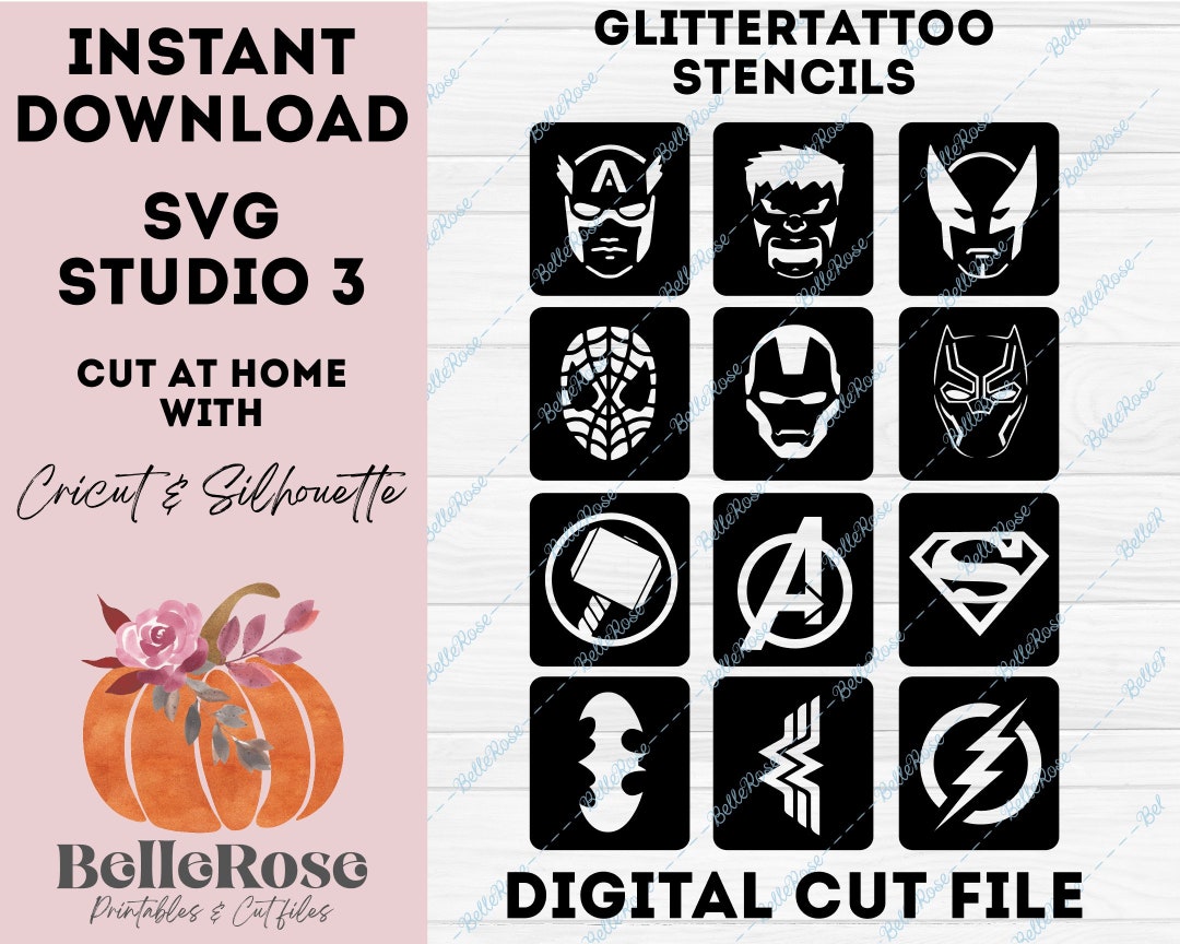 12 Glitter Tattoo Stencils SVG Favorite Superhero Digital Cut File ...