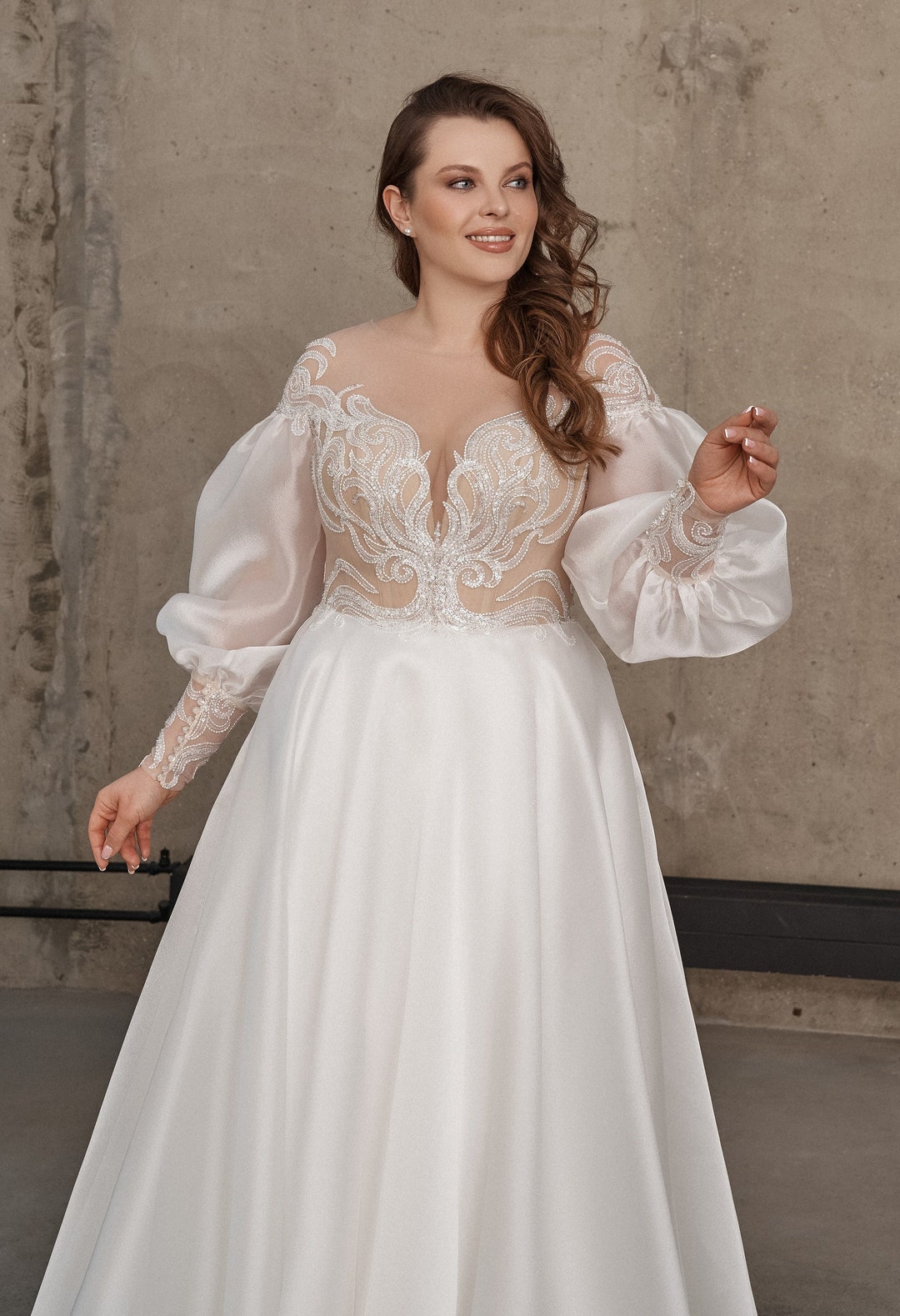 Plus Size Princess Bridal Gown Puffy Long Sleeves Wedding - Etsy