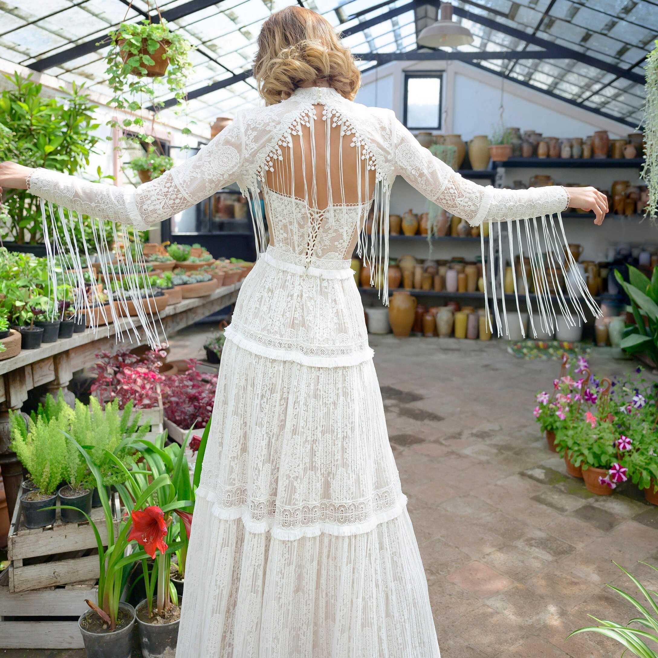 Long Sleeves Rustic Lace Wedding Dress Two Slits off Shoulder - Etsy