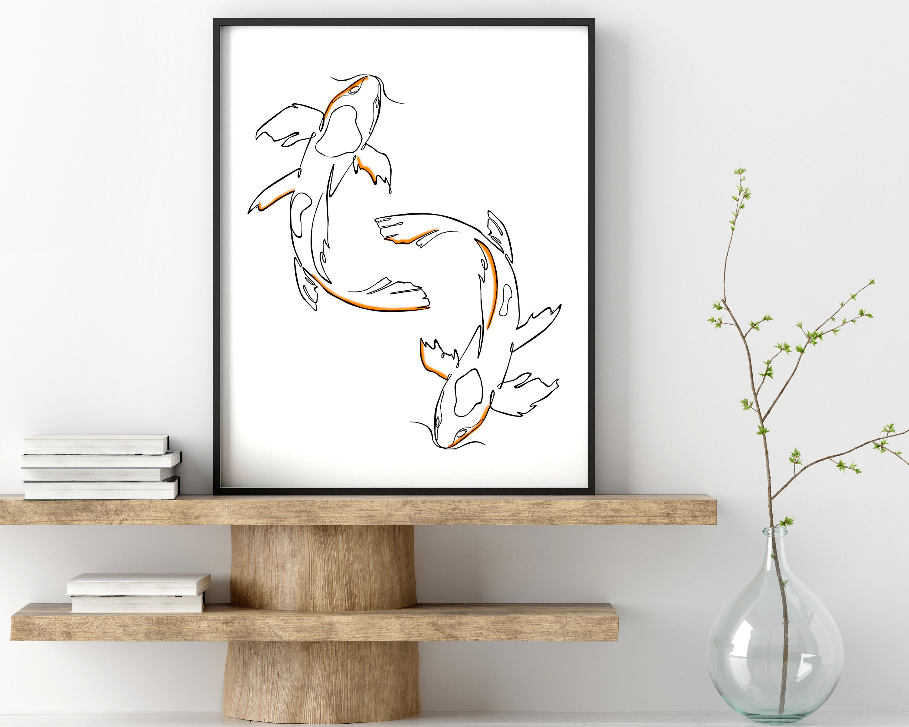 Pisces Fish Line Art Poster Orange Watercolour Art Printable | Etsy