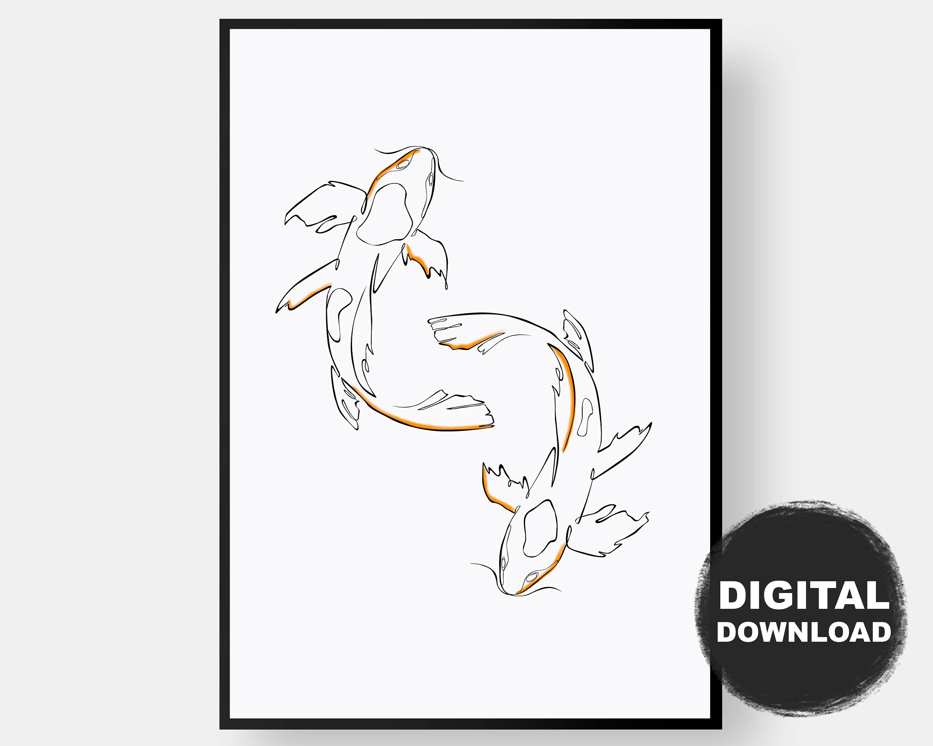 Pisces Fish Line Art Poster Orange Watercolour Art Printable | Etsy