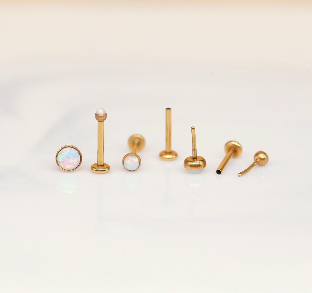 Tiny WHITE OPAL Labret Stud 20G 18G 16G Threadless Gold - Tragus/cartilage/conch/forward Helix ...