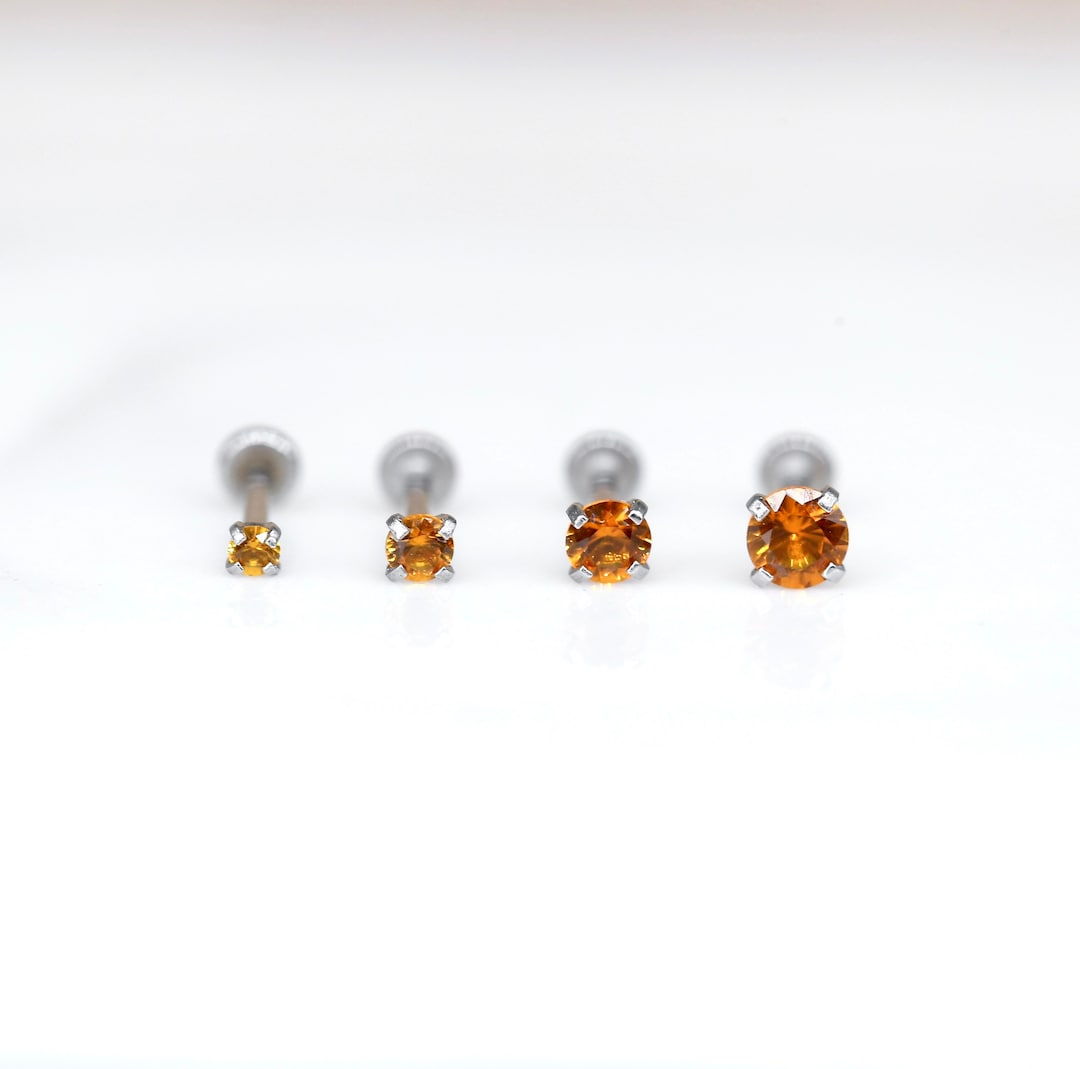 Threadless Labret Stud • Prong CZ AMBER Gem • Tiny Stud - Tragus ...