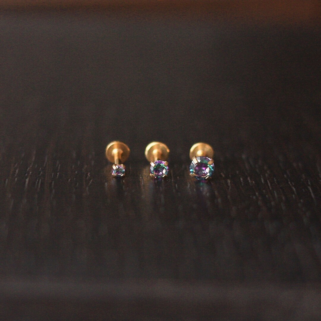 16G Gold Plated Screwback Labret Stud • Tiny DARK RAINBOW Gem 6 Sizes ...