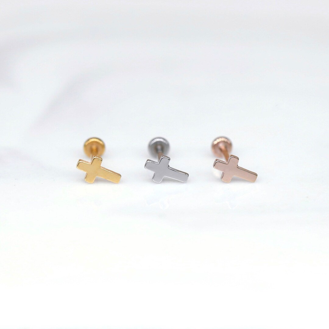 Tiny 20G 18G 16G Threadless CROSS Earring • Conch Stud • Short Push Pin ...