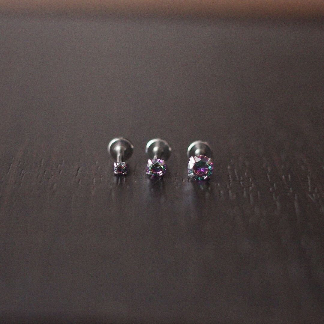 16G Threaded Screw-in DARK RAINBOW CZ Gem Tiny Earrings - Tragus ...