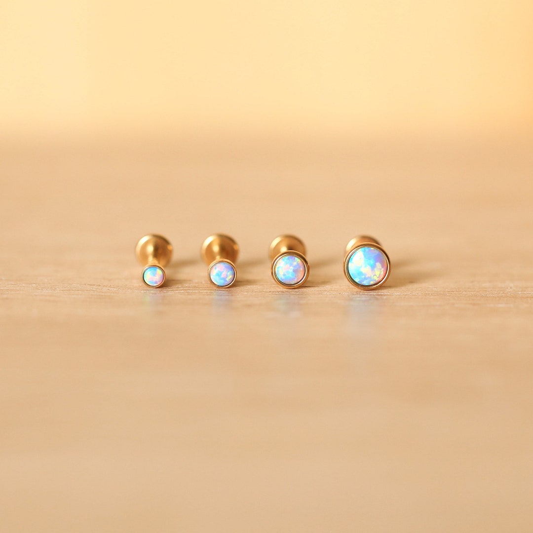 16G Gold Plated Screw-in THREADED Light Blue Opal 2.5mm 3mm 4mm Tragus ...