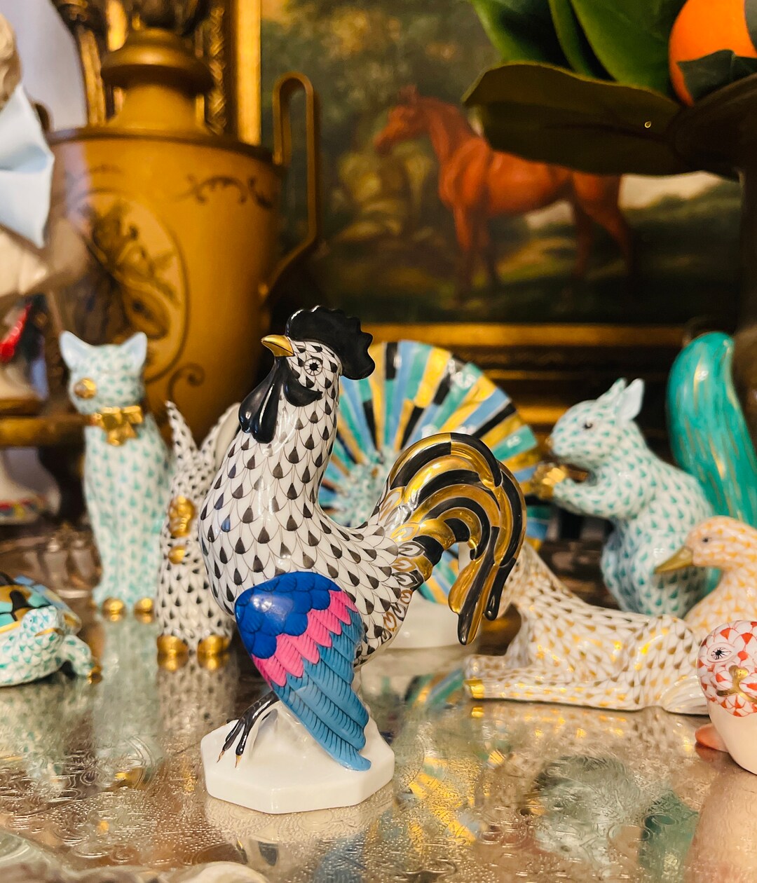 Herend Fishnet Cocky Rooster, Black Fishnet Gerend Rooster With Multi ...