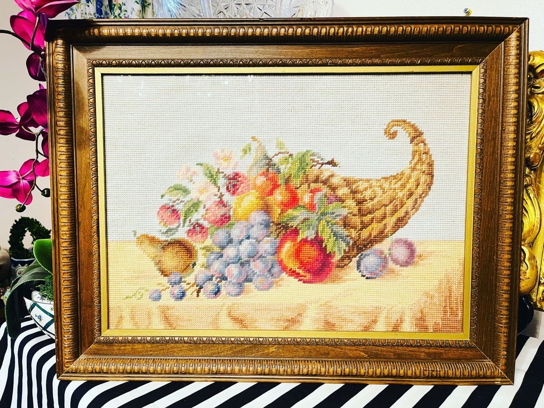 Vintage Cornucopia Needlepoint, Bountiful Harvest Cornucopia ...