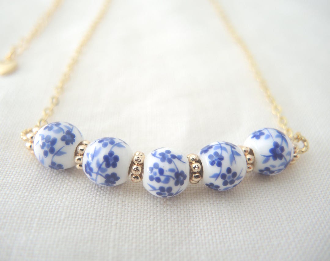 Azulejo Necklace: Portuguese Tile Ceramic Beads, Gold Plated Chain ...