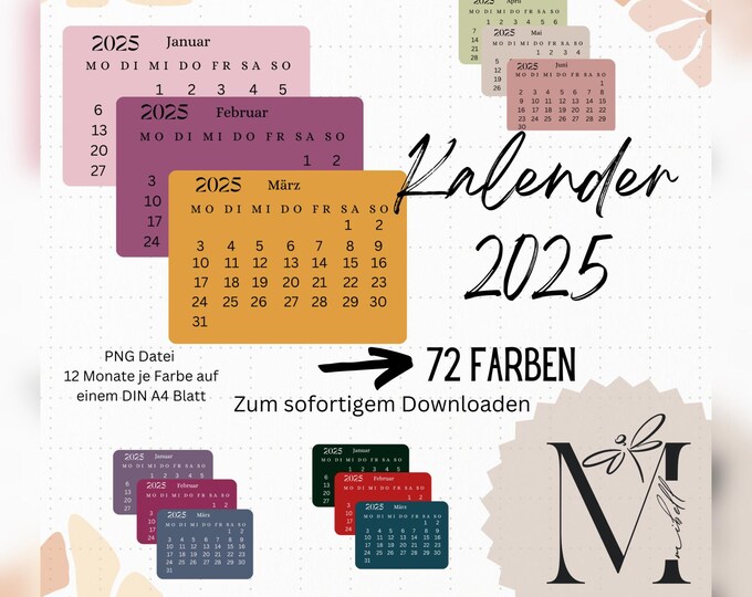 Calendar 2025 to Print Printable Calendar 72 Colors 12 Months / Back to ...