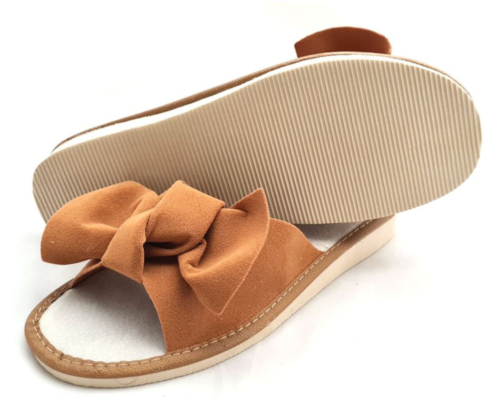 Ladies Womens Bow Slippers Handmade Open Toes Leather Brown Slides Flip ...