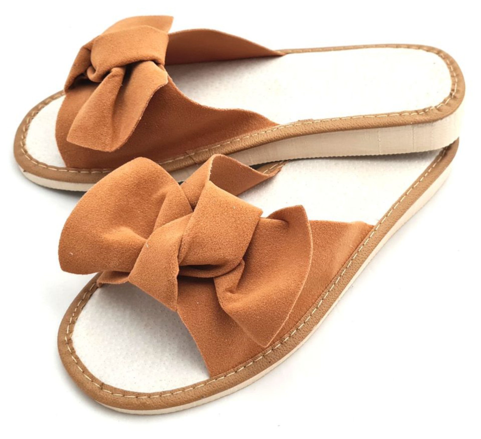 Ladies Womens Bow Slippers Handmade Open Toes Leather Brown Slides Flip ...