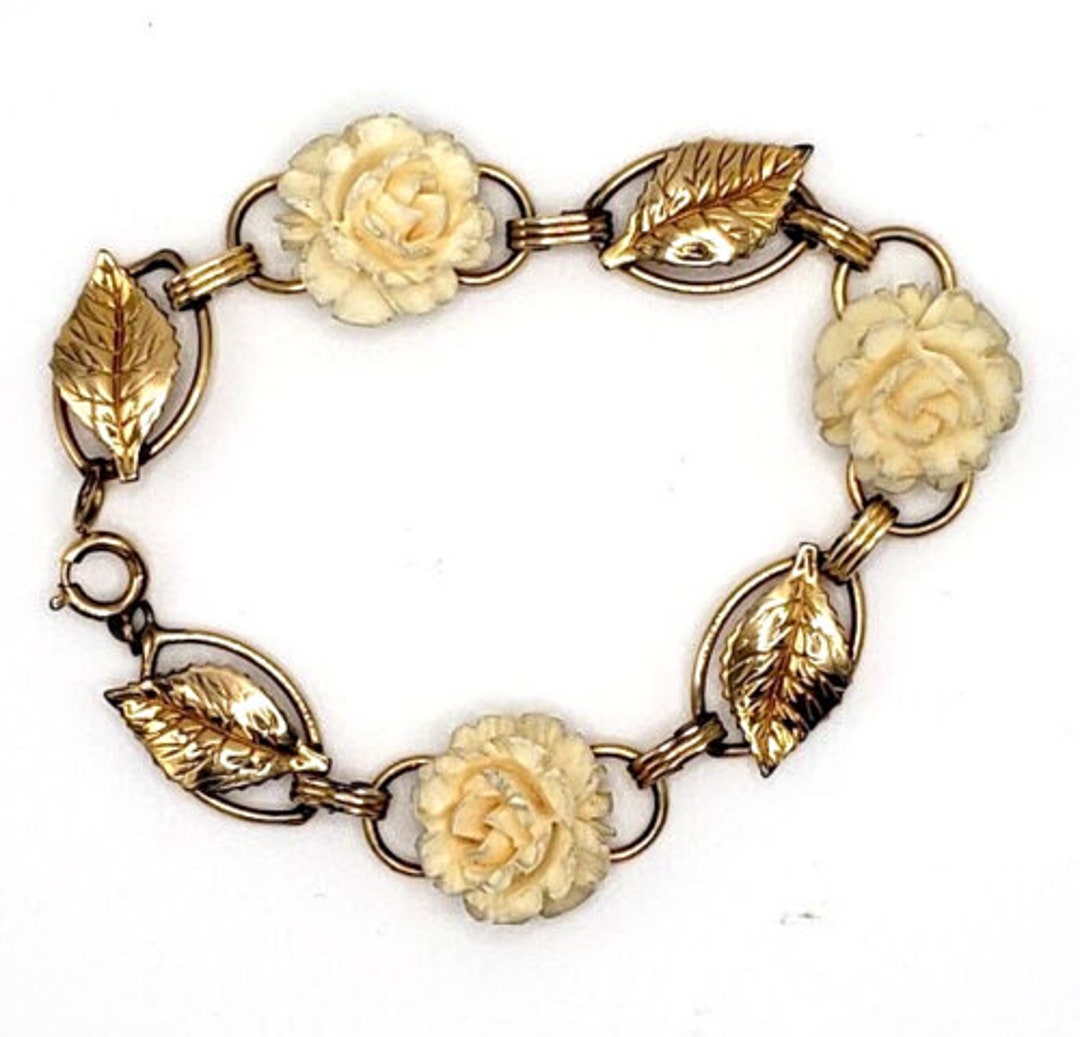 Vintage Signed GAC 12k Gold Filled Carved Roses & Leaves Link Bracelet ...