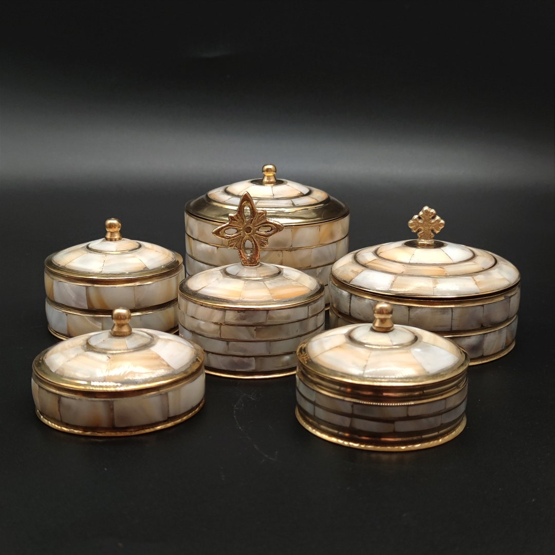 Handmade Round Brass Box Covered With Mother of Pear Perfect ...